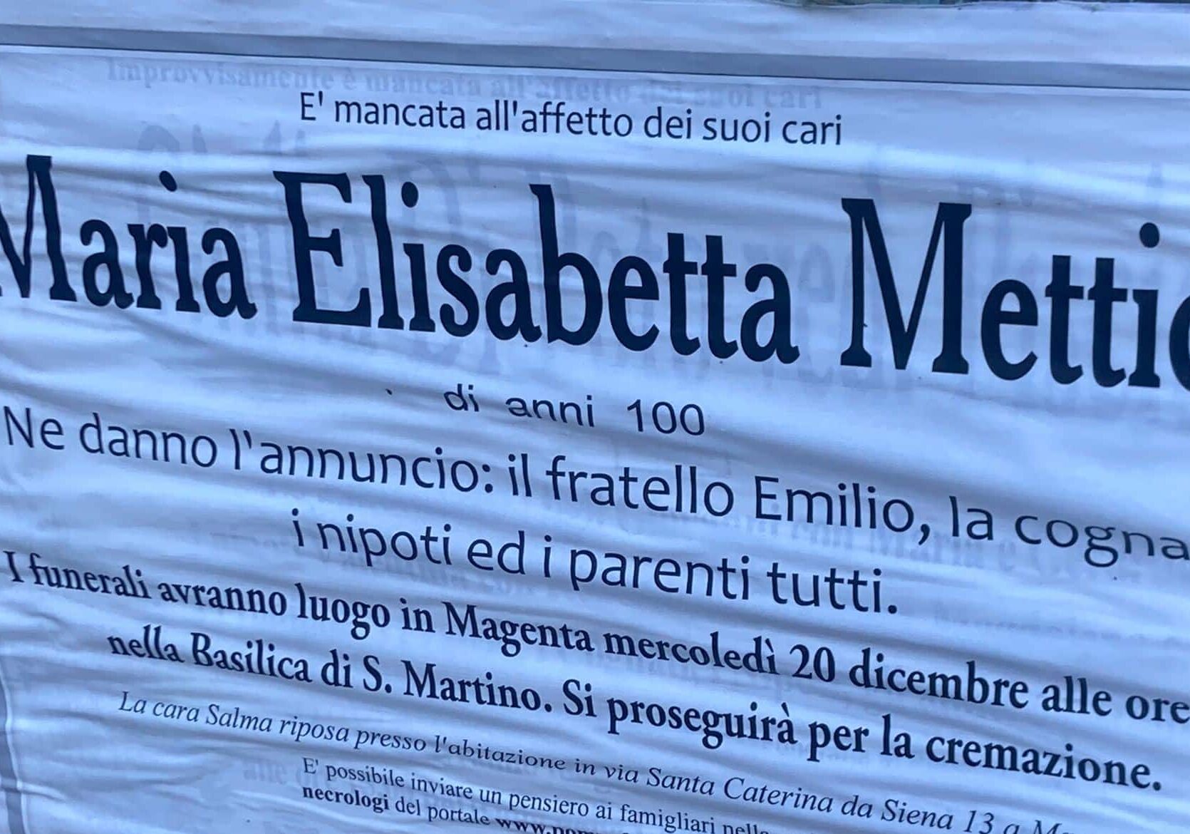 Magenta domani l’ultimo saluto alla centenaria Maria Elisabetta Mettica ... Magenta domani l’ultimo saluto alla centenaria Maria Elisabetta Mettica ...